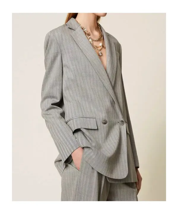TWINSET Double-breasted Pinstriped Blazer - Light Gray