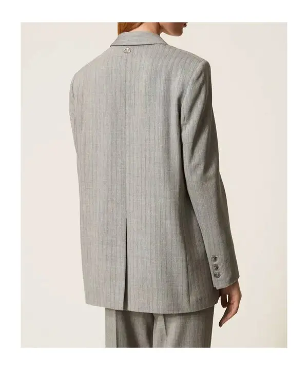 TWINSET Double-breasted Pinstriped Blazer - Light Gray