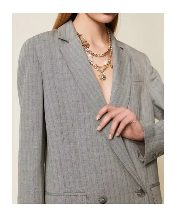 TWINSET Double-breasted Pinstriped Blazer - Light Gray