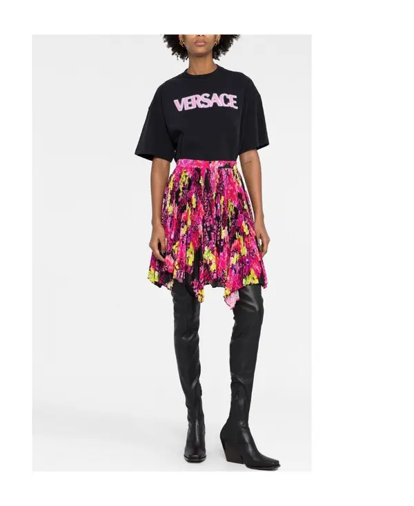 Versace Off-shoulder Long-sleeve Bodysuit With Irregular Skirt