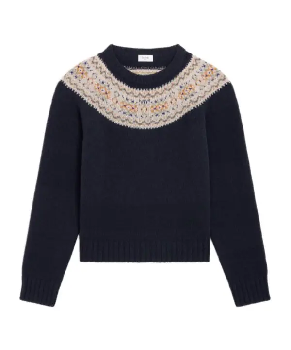 Celine Triomphe Fair Isle Wool Crewneck Sweater - Black