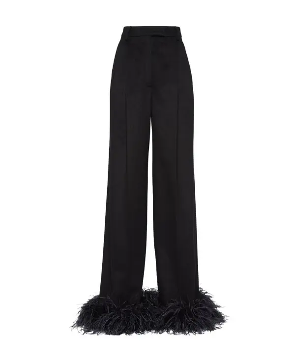 Prada Feather-trimmed Wide-leg Trousers - Black