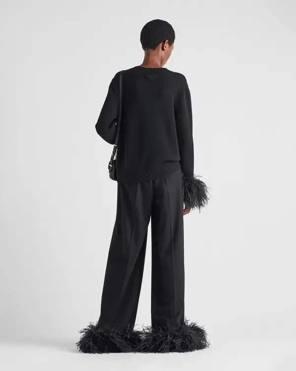Prada Feather-trimmed Wide-leg Trousers - Black