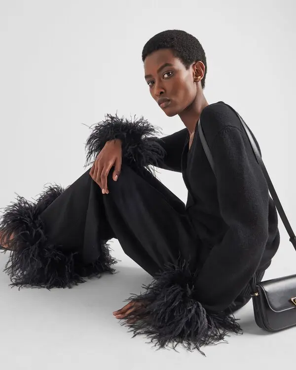 Prada Feather-trimmed Wide-leg Trousers - Black