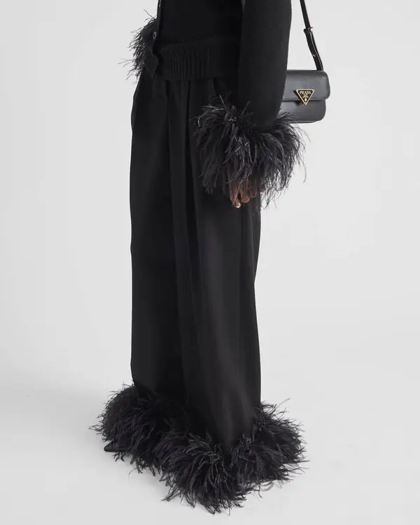Prada Feather-trimmed Wide-leg Trousers - Black