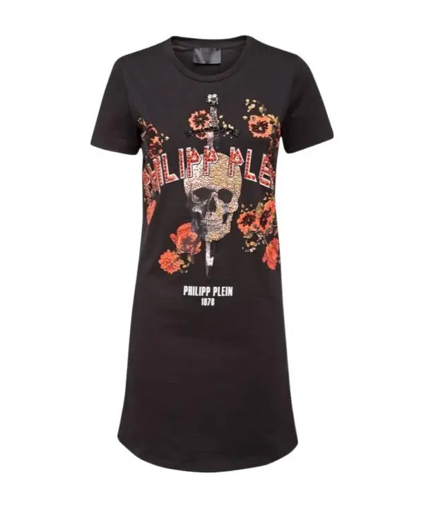Philipp Plein Skull And Floral Embellished T-shirt Dress - Black