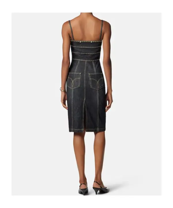 Versace Embellished Denim Fitted Midi Dress