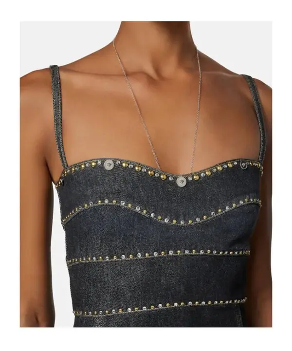 Versace Embellished Denim Fitted Midi Dress