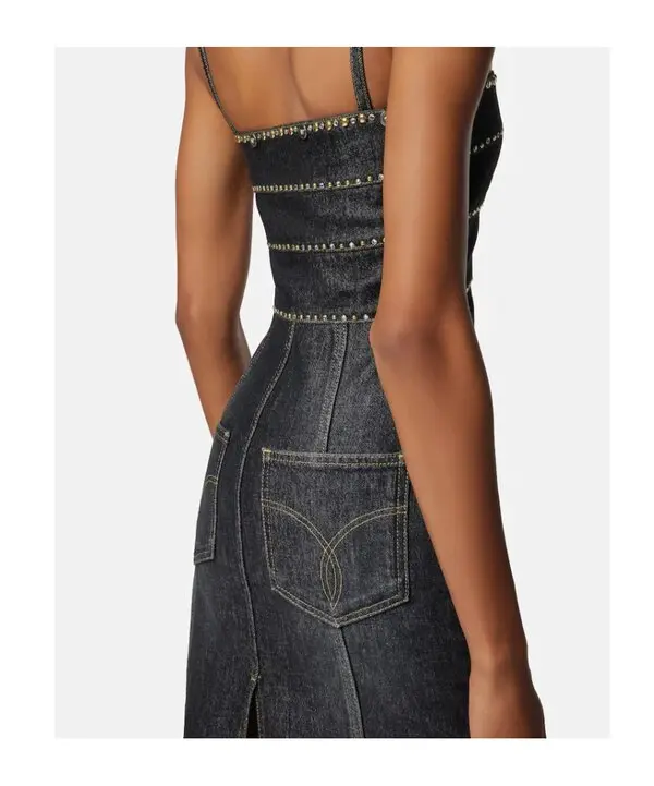 Versace Embellished Denim Fitted Midi Dress