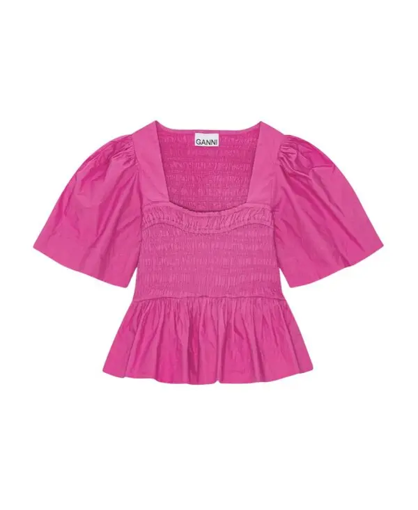 GANNI Square Neck Puff Sleeve Smocked Peplum Top