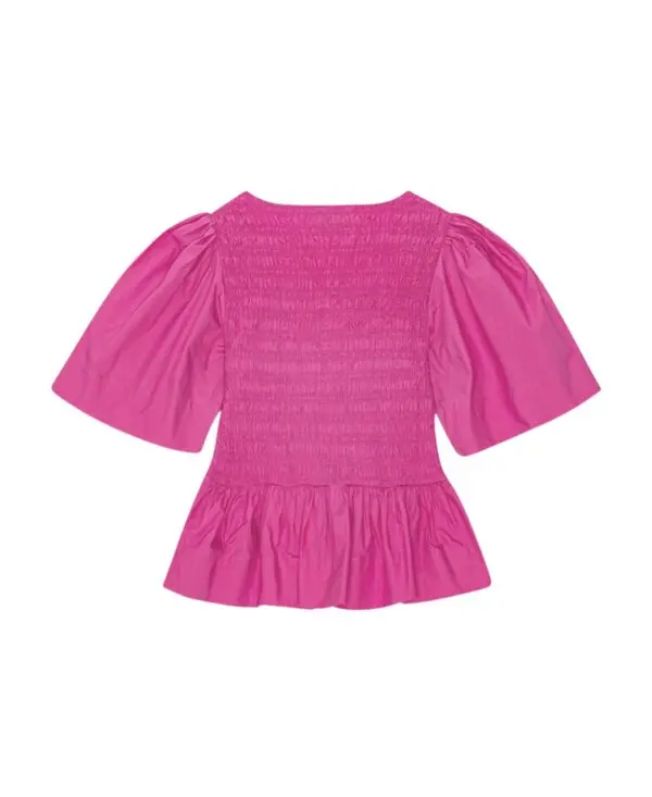 GANNI Square Neck Puff Sleeve Smocked Peplum Top