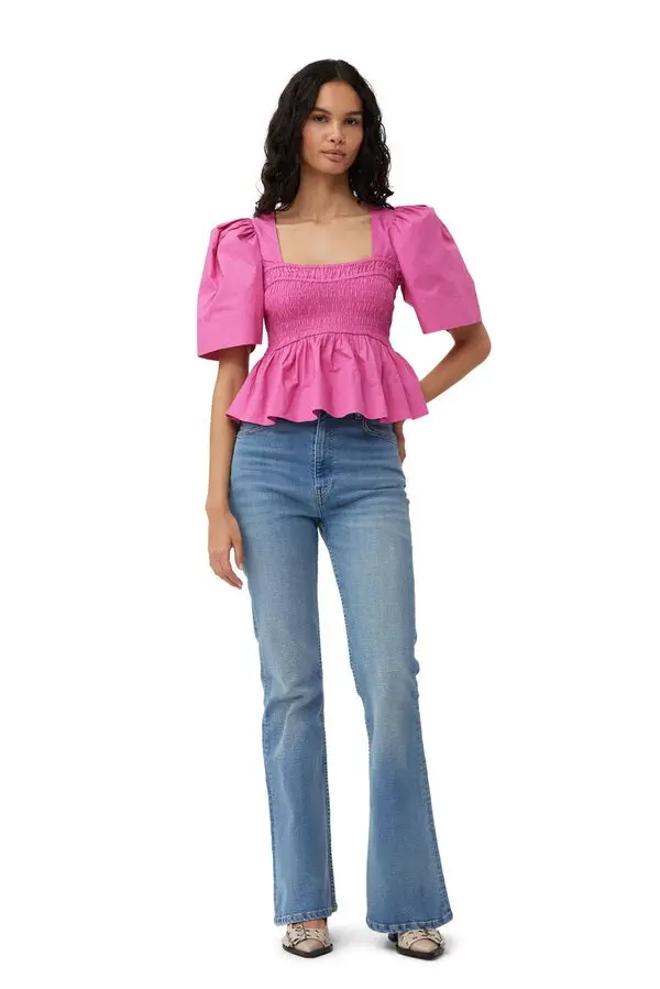 GANNI Square Neck Puff Sleeve Smocked Peplum Top