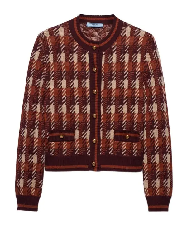 Prada Wool Cardigan With Houndstooth Pattern