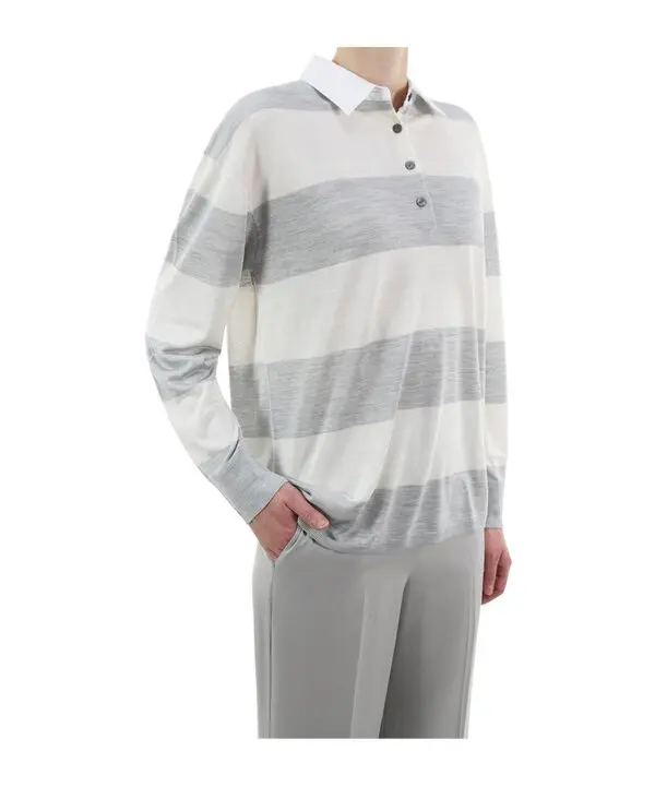 Theory Long Sleeve Striped Polo Top - Gray