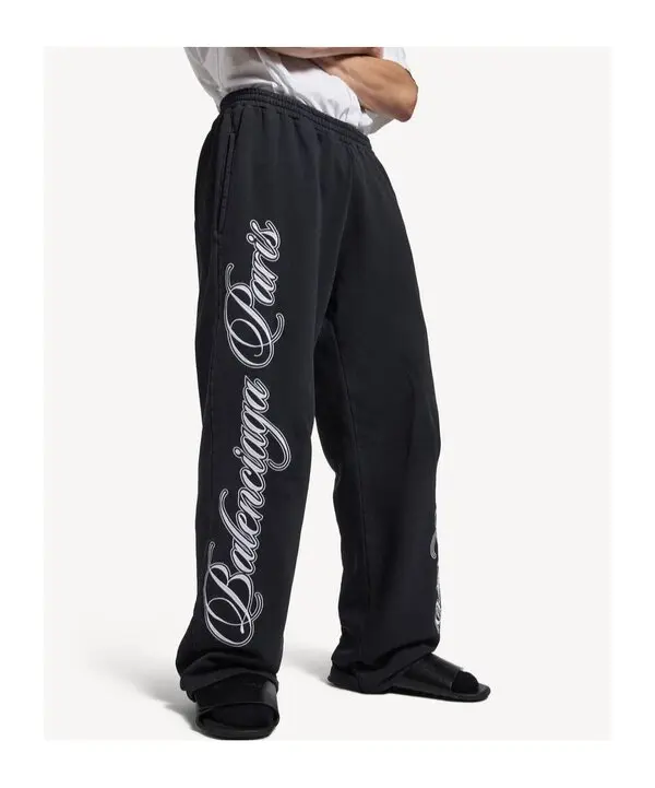Balenciaga Baggy Cursive Logo Wide-leg Pants - Black