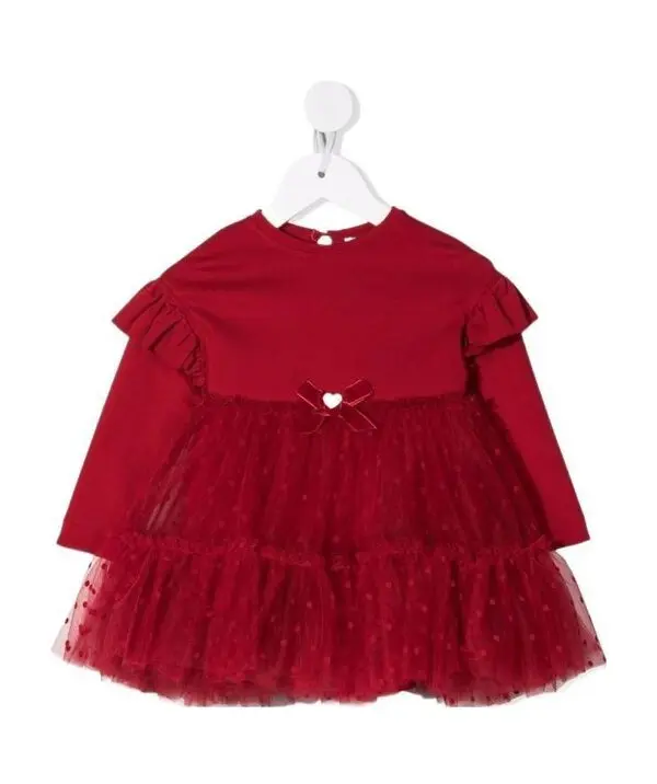 Monnalisa Long-sleeved Tulle Panelled Dress - Red