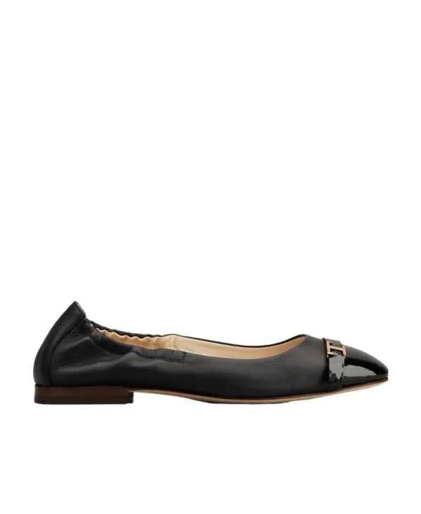 TOD'S Ballerina Flats With Gold Logo Detail - Black