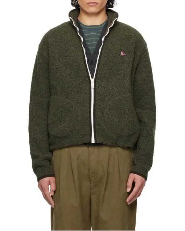 DRAKE'S LONDON Green Boucle Wool Zip Fleece Jacket