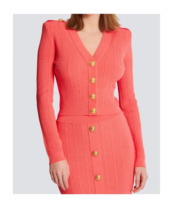Balmain V-neck Long Sleeved Knitted Cardigan With Decorative Buttons - Pink