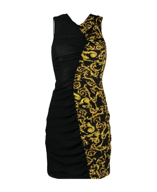 Versace Asymmetrical V-neck Mini Dress With Baroque Print And Ruched Detailing