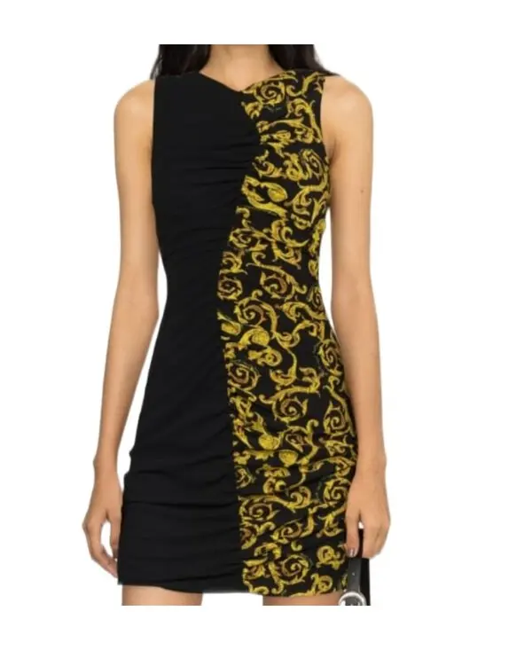 Versace Asymmetrical V-neck Mini Dress With Baroque Print And Ruched Detailing