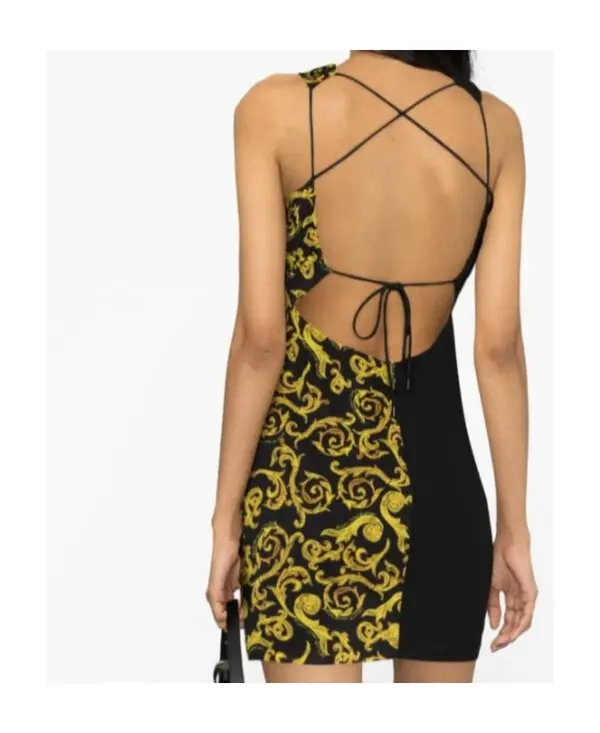 Versace Asymmetrical V-neck Mini Dress With Baroque Print And Ruched Detailing