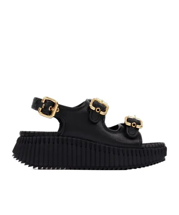 Chloé Nama Wedge Sandals With Buckle Detail - Black