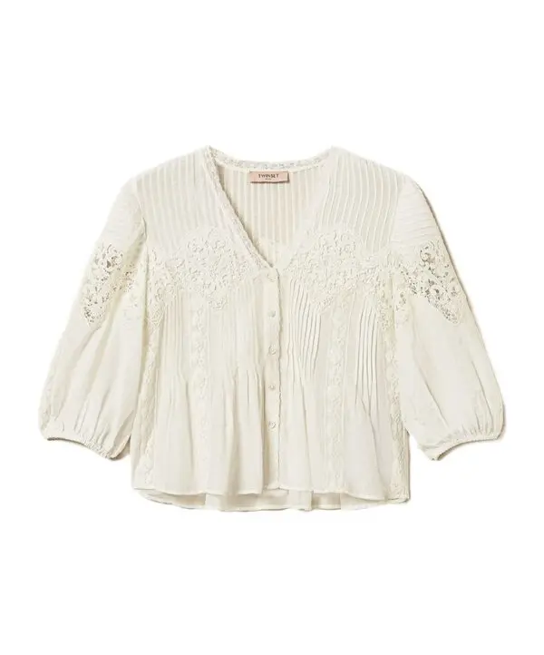 TWINSET Embroidered Lace Pleated Top - White