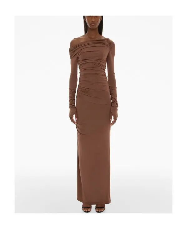 Helmut Lang Off-the-shoulder Maxi Dress With Draping - Brown