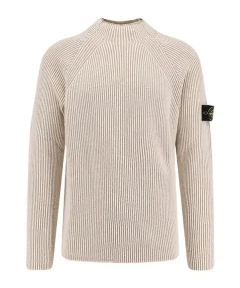 Stone Island Ribbed Mock Neck Long Sleeve Jumper - Ivory