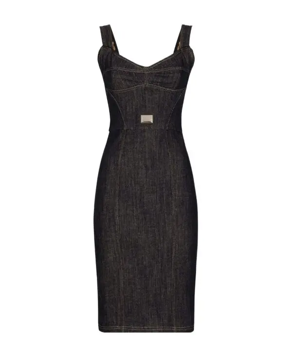 Dolce & Gabbana Sleeveless Midi Denim Dress With Logo Plaque - Black