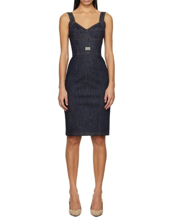 Dolce & Gabbana Sleeveless Midi Denim Dress With Logo Plaque