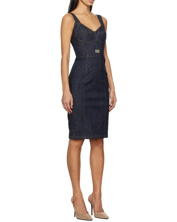 Dolce & Gabbana Sleeveless Midi Denim Dress With Logo Plaque