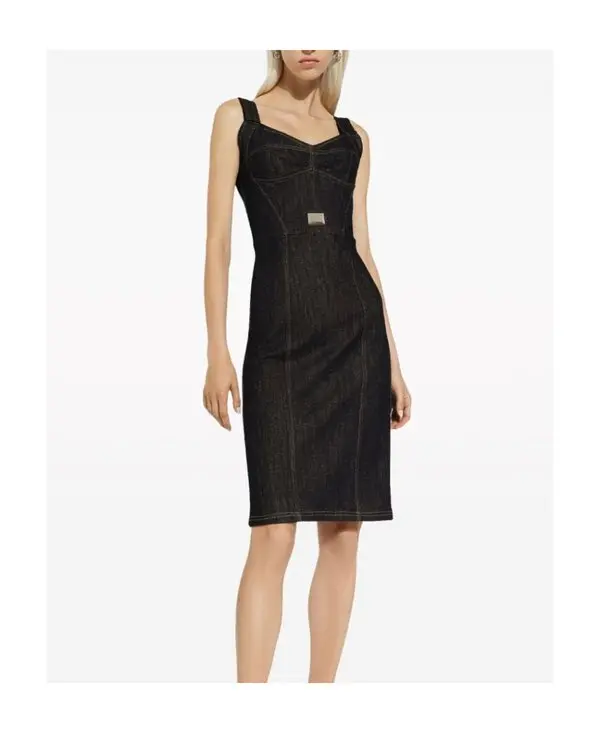 Dolce & Gabbana Sleeveless Midi Denim Dress With Logo Plaque