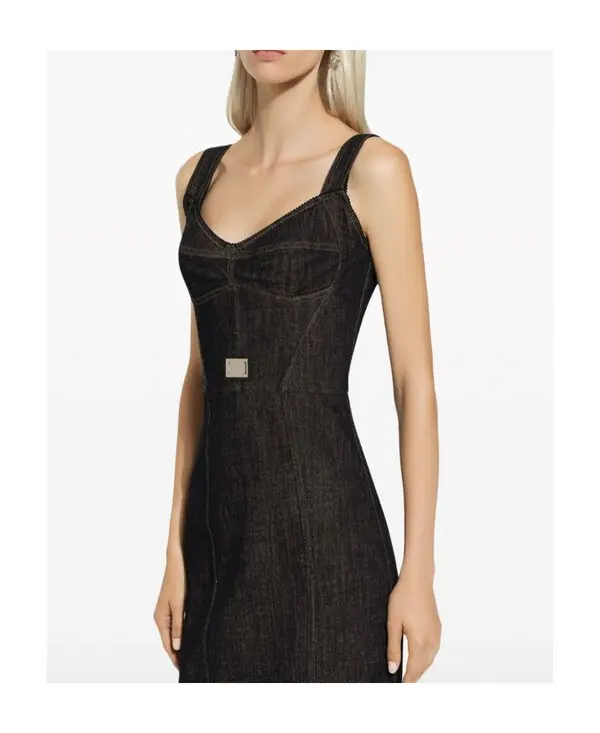 Dolce & Gabbana Sleeveless Midi Denim Dress With Logo Plaque