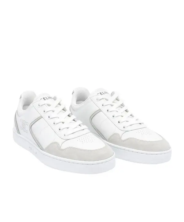 Celine Ct-10 Trainer Low Lace-up Sneaker In Calfskin And Suede Calfskin - Optical White/gray