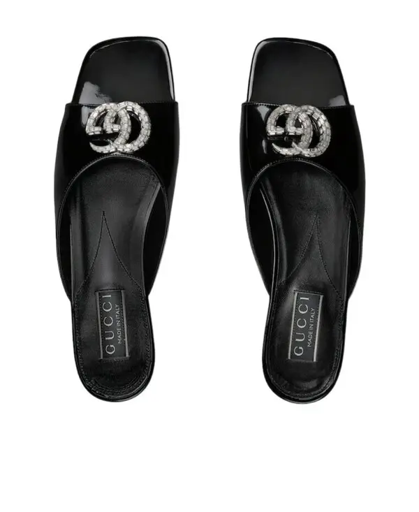 Gucci Double G Patent Leather Slides - Black