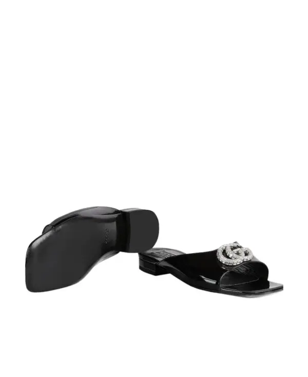 Gucci Double G Patent Leather Slides - Black