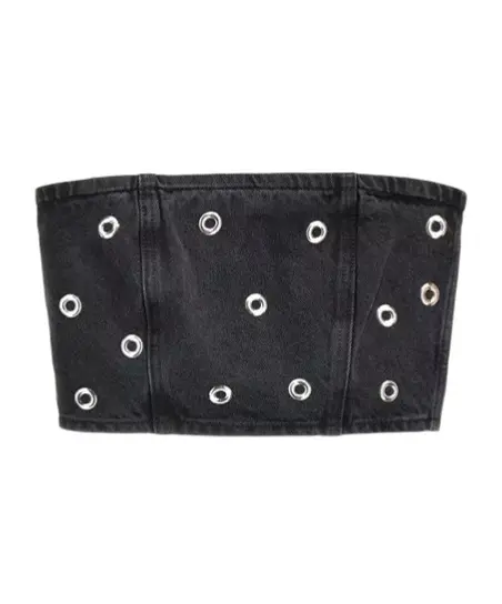 ROTATE BY BIRGER CHRISTENSEN Embellished Denim Bustier - Black