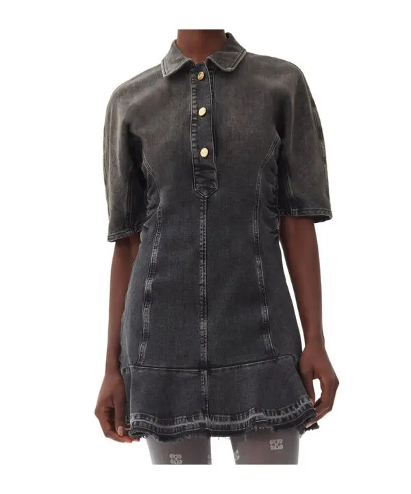 GANNI Denim Mini Dress With Frayed Hem