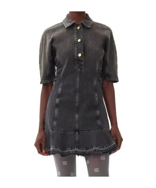 GANNI Denim Mini Dress With Frayed Hem