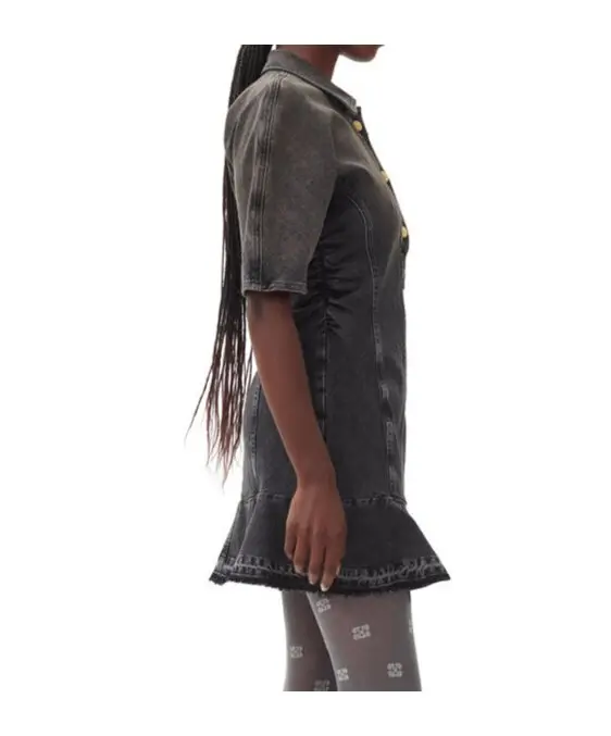 GANNI Denim Mini Dress With Frayed Hem