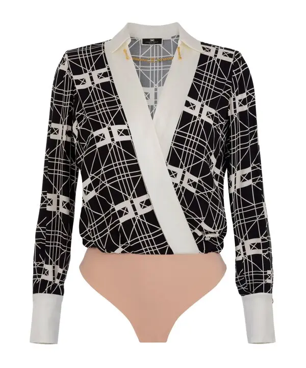 Elisabetta Franchi Allover Logo Printed V-neck Bodysuit