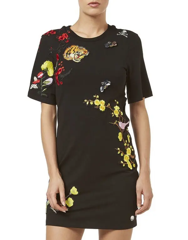 Philipp Plein Embroidered Tiger And Floral T-shirt Dress