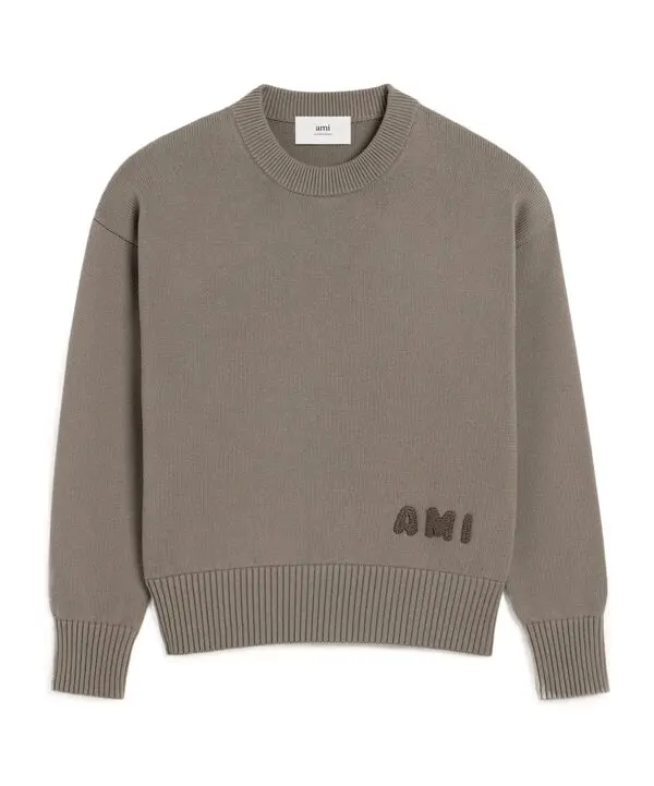 Ami Logo Embroidered Crewneck Sweater - Grey