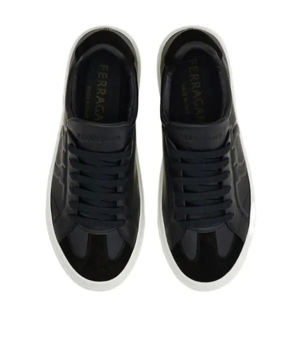 FERRAGAMO Gancini Leather And Suede Low-top Sneakers - Black