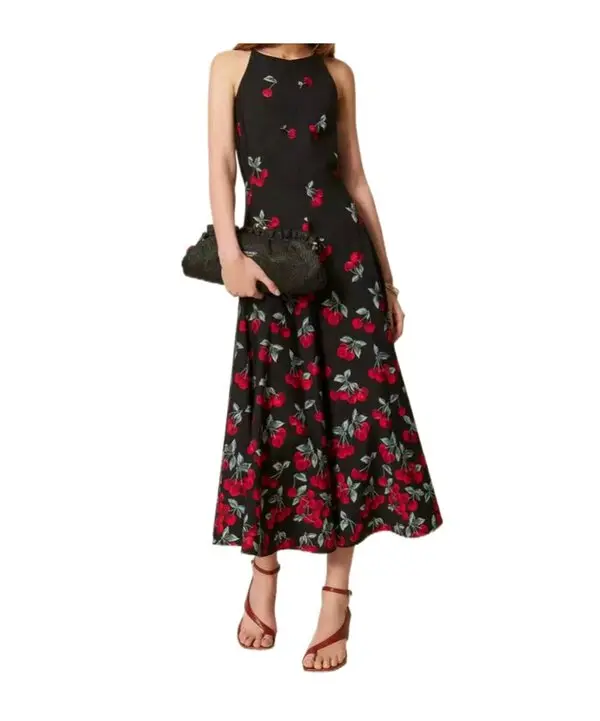 TWINSET Cherry Print Halterneck Flared Midi Dress - Black