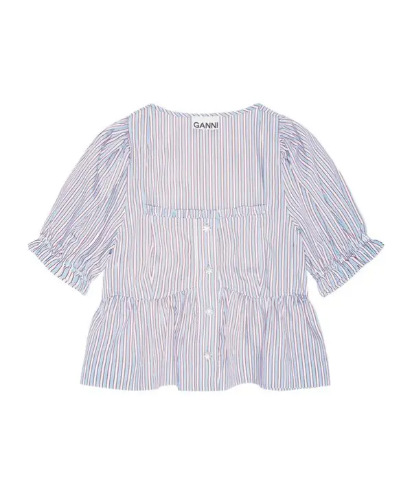 GANNI Candy Striped Puff Sleeve Blouse - Soft Chambray