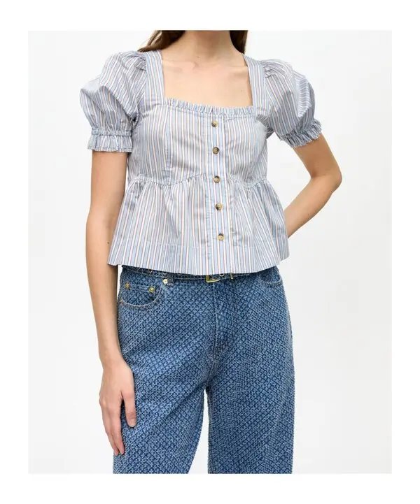 GANNI Candy Striped Puff Sleeve Blouse - Soft Chambray