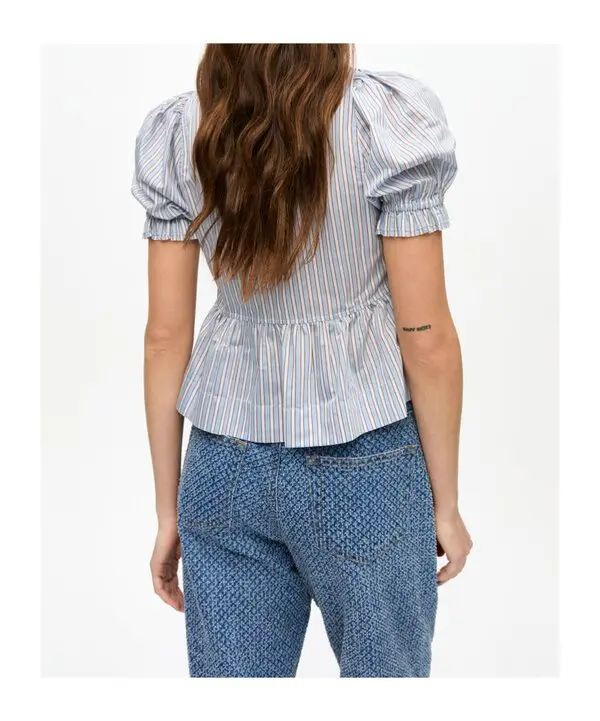 GANNI Candy Striped Puff Sleeve Blouse - Soft Chambray